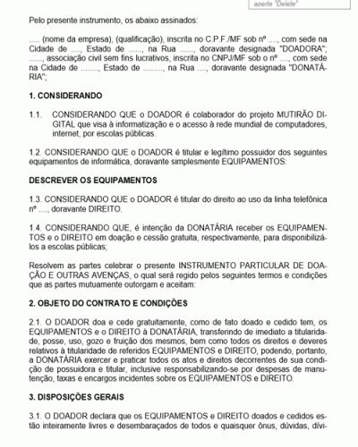 Exemplo de Contrato de Doação de Bens Móveis Praticado por Empresa