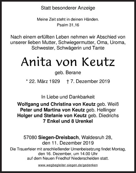 Traueranzeigen Von Anita Von Keutz 57trauerde