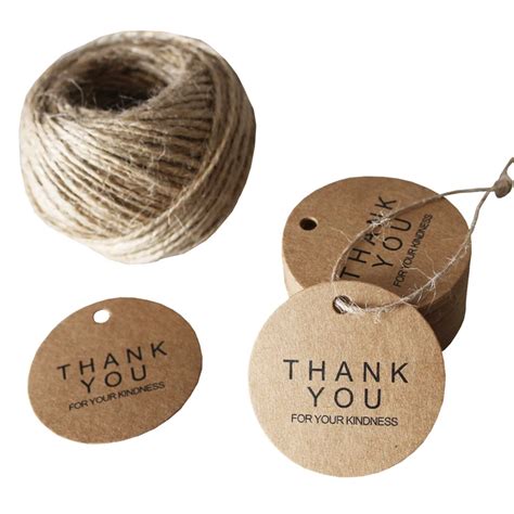100 Pcs 수제 태그 크래프트 종이 교수형 태그 17 라운드 태그 감사합니다 종이 태그 100 피트 자연 황마 꼬기 공예 Diygarment Tags