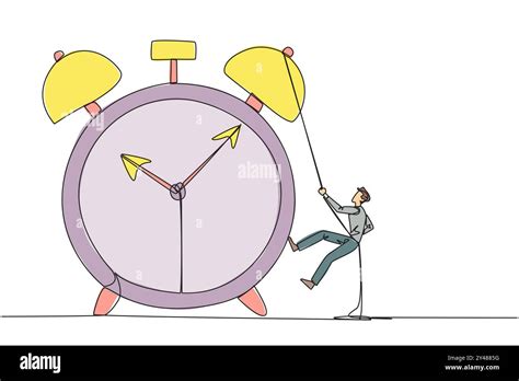 Single Continuous Line Drawing Businessman Climbing Alarm Clock With Rope Work Carefully To