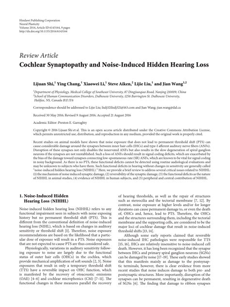 Pdf Cochlear Synaptopathy And Noise Induced Hidden Hearing Loss