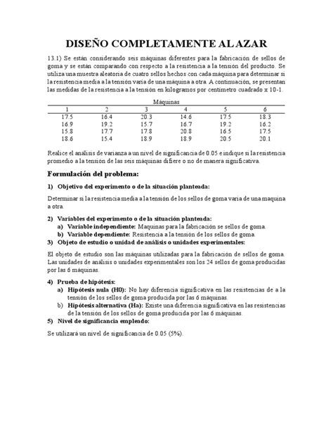 DiseÑo Completamente Al Azar Ejercicios Pdf Análisis De Variación