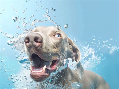 A Cute Weimaraner Swims In The Underwater Laughing And Sticking Out