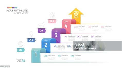 비즈니스 단계 타임라인 인포그래픽 화살표 템플릿입니다 현대 이정표 요소 타임라인 다이어그램 달력 및 4분기 주제 벡터 인포그래픽 인포그래픽에 대한 스톡 벡터 아트 및 기타