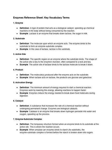 Enzymes Reference Sheet Key Vocabulary Terms Pdf Enzyme