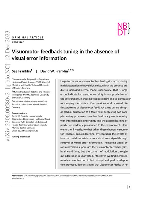 Pdf Visuomotor Feedback Tuning In The Absence Of Visual Error Information