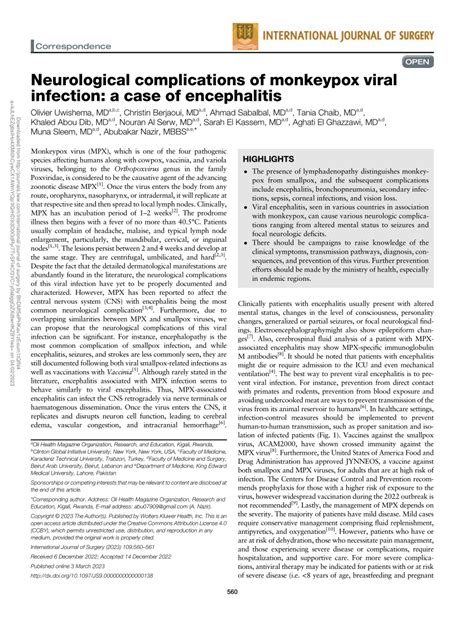 Pdf Neurological Complications Of Monkeypox Viral Infection A Case