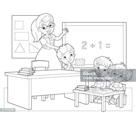 만화 장면 와 아이 와 교사 에 이 교실 들고 손 까지 스케치 색칠 하기 페이지 교실에 대한 스톡 벡터 아트 및 기타 이미지