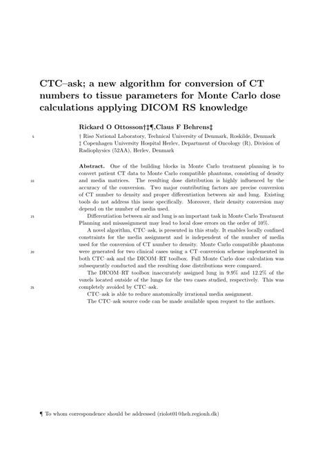Pdf Ctc Ask A New Algorithm For Conversion Of Ct Numbers To Tissue Parameters For Monte Carlo