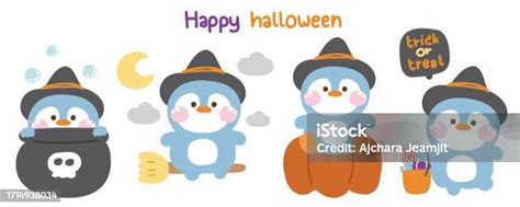 마녀 의상을 입은 귀여운 펭귄 세트가 할로윈 컨셉으로 다양한 포즈를 취하고 있다 축제공포 10월에 대한 스톡 벡터 아트 및 기타 이미지 Istock