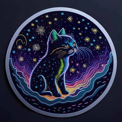 Un gato con un patrón de color arcoíris está sentado sobre un fondo