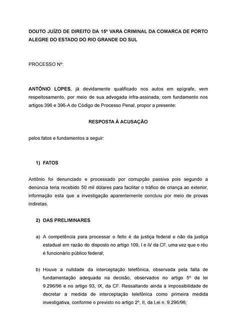 Resposta à acusação Peça pratico profissional exame da ordem DOUTO JUÍZO DE DIREITO DA º