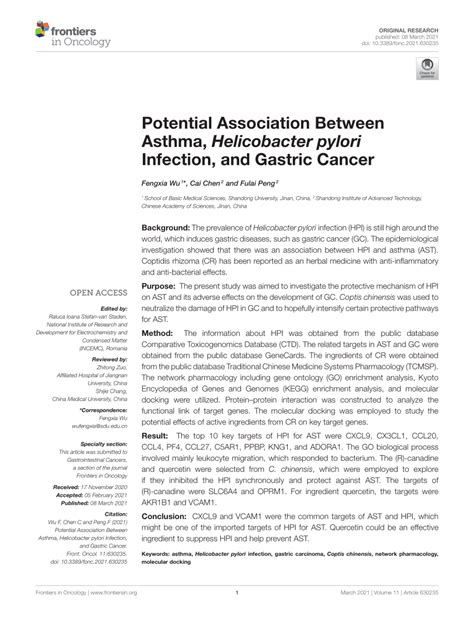 Pdf Potential Association Between Asthma Helicobacter Pylori