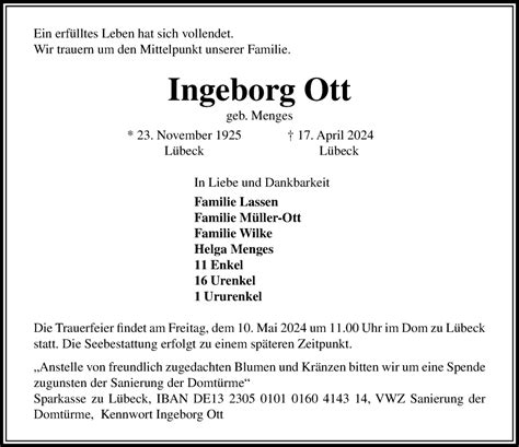 Traueranzeigen Von Ingeborg Ott Trauer Anzeigende