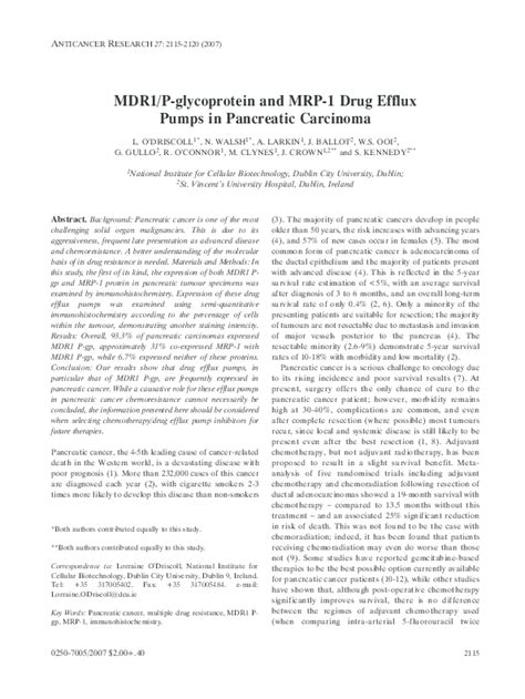 Pdf Mdr1 And Mrp 1 Expression In Pancreatic Cancer