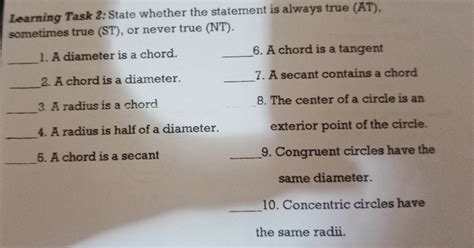 solved learning task 2 state whether the statement is always true at