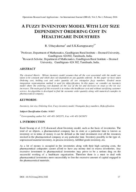 Pdf A Fuzzy Inventory Model With Lot Size Dependent Ordering Cost In