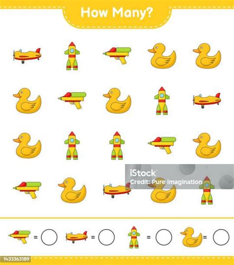 카운팅 게임 얼마나 많은 비행기 로켓 고무 오리 및 물 총 교육 어린이 게임 인쇄 가능한 워크 시트 벡터 일러스트 레이 션 0명에 대한 스톡 벡터 아트 및 기타 이미지