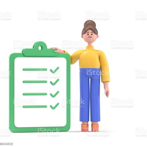 종이 시트에 작업을 수행하는 웃는 여성 안젤라의 3d 그림 제 시간에 작업을 완료하기위한 계획 일정 마감일 과제 일정 작업