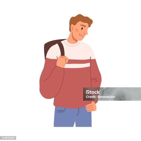 캐주얼한 옷과 배낭을 등에 메고 있는 남성 인물 옆을 바라보는 고립된 학생 편안한 남자 표현 플랫 만화 캐릭터 플랫 스타일의