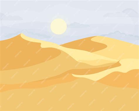 맑고 푸른 하늘과 태양이 있는 노란 모래 언덕의 사막 풍경 그림 프리미엄 벡터