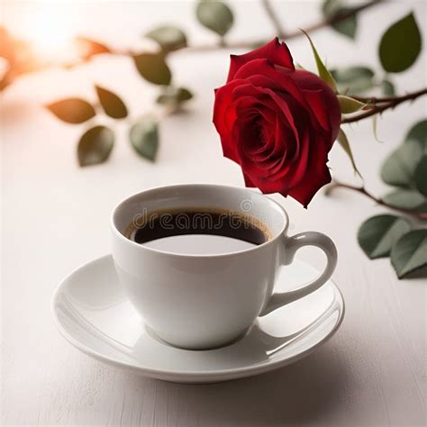 Hot Coffee Cup With A Red Rose Love And Romance Concept For A Happy