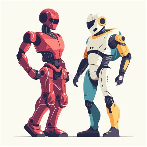Two Futuristic Robots In Red And Yellow Colors Standing Face To Face