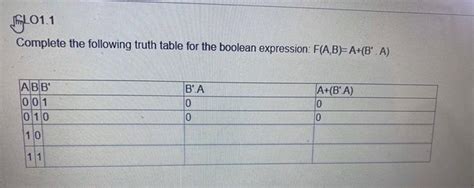 Solved Complete The Following Truth Table For The Boolean