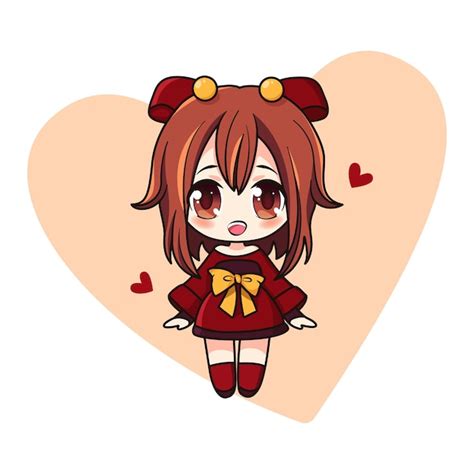 Nettes Und Kawaii Mädchen Im Kleid Mit Herzen Glücklich Manga Chibi