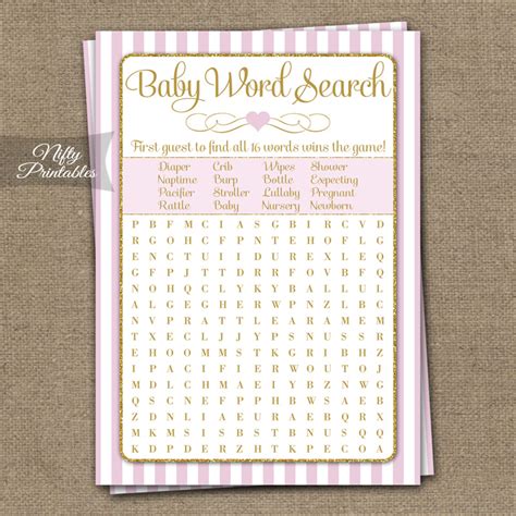 Printable Baby Shower Word Search Game Pink Gold