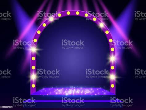 파란색 커튼 스포트라이트 및 복고풍 배너배경 프리젠 테이션 콘서트 쇼를위한 디자인 프레임에 대한 스톡 벡터 아트 및 기타 이미지 프레임 Fashion Show 고풍