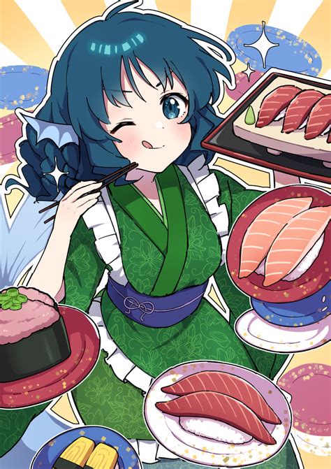 Safebooru 1girl Absurdres Blue Eyes Blue Hair Chopsticks Closed Mouth