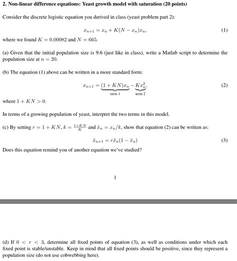 Solved 2 Non Linear Difference Equations Yeast Growth