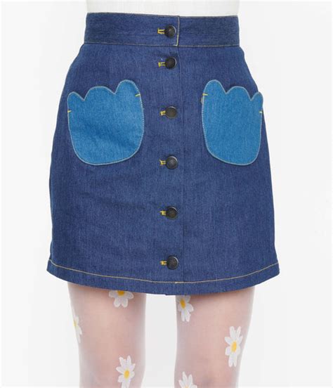 Smak Parlour Dark Denim Tulip Match Game Mini Skirt Unique Vintage