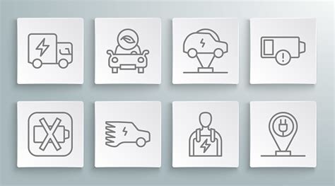 세트 라인 배터리 부족 에코 자동차 전기 자동차 정비사 충전 주차 전기 및 트럭 아이콘 벡터 가득 찬에 대한 스톡 벡터 아트 및 기타 이미지 Istock