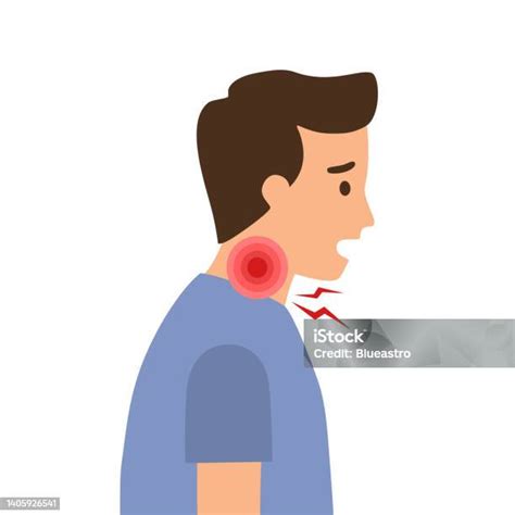 흰색 배경에 평평한 디자인으로 바이러스 나 박테리아로 인한 인후통 증상을 가진 젊은 남성 측면보기 감기와 독감에 대한 스톡 벡터