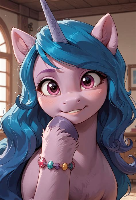 Иззи Мунбоу молодая пони из Мой маленький пони G5 сидит элегантно в