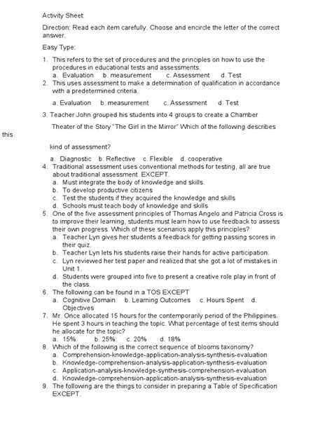 Activity Sheet Tos Pdf Educational Assessment Multiple Choice