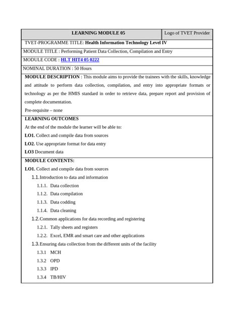 Patient Data Collection Course Outline Pdf