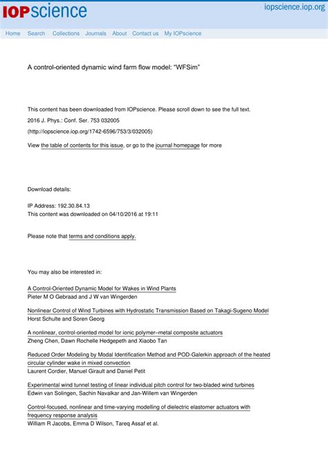 Pdf A Control Oriented Dynamic Wind Farm Flow Model Wfsim”