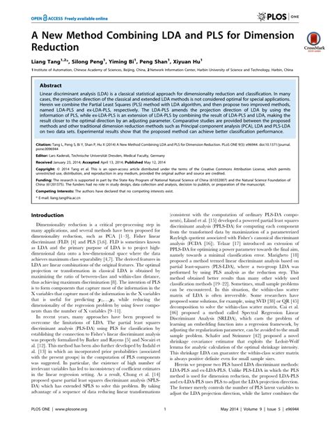 Pdf A New Method Combining Lda And Pls For Dimension Reduction