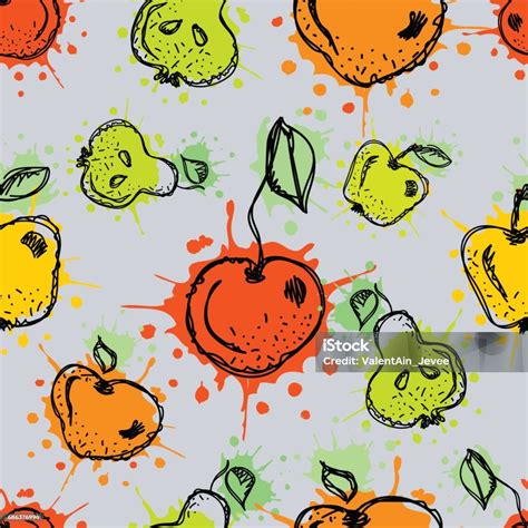 원활한 벡터 패턴입니다 다채로운 체리 사과 배 베리 딸기 스플래시와 드롭 파란색 배경에 그려진된 과일 그림을 손 선 그리기 0명에 대한 스톡 벡터 아트 및 기타 이미지