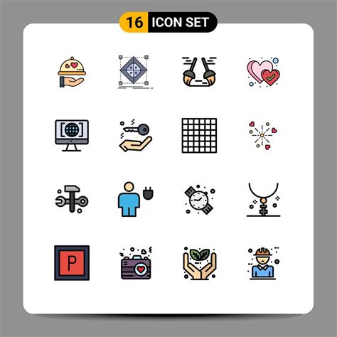 Pictogram Set Of 16 Simple Flat Color Filled Lines Of Internet Like Preparation Heart Sweep