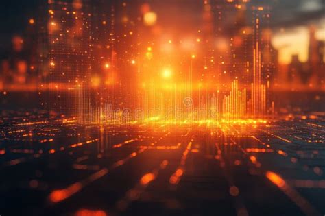 Abstract Digital Visualization Of Glowing Data Patterns In A Futuristic Cityscape Setting Stock