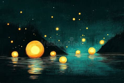 Floating Orange Spheres Illuminate A Dark Turquoise Landscape At Night Stock Illustration