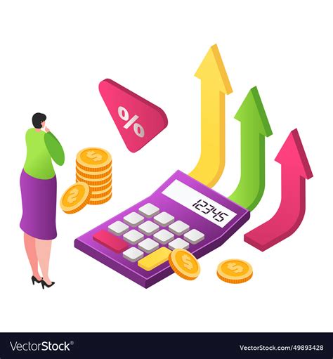 Woman Looks At Calculator With Rising Arrows Vector Image