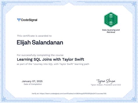 Course Certificate For Learning Sql Joins With Taylor Swift Elijah