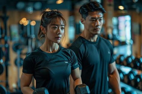 Shorthaired Asian Man And Asianlooking Woman Doing Something Premium