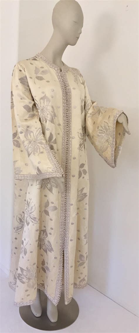 Elegant Vintage Moroccan Caftan With Silver Metallic Floral Silk