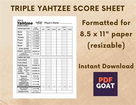 Triple Yahtzee Score Sheet Printable File Pdf Download 85x11 In Etsy